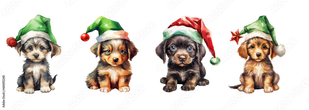 watercolor cute puppy face with smiling expressions, wearing a santa ...