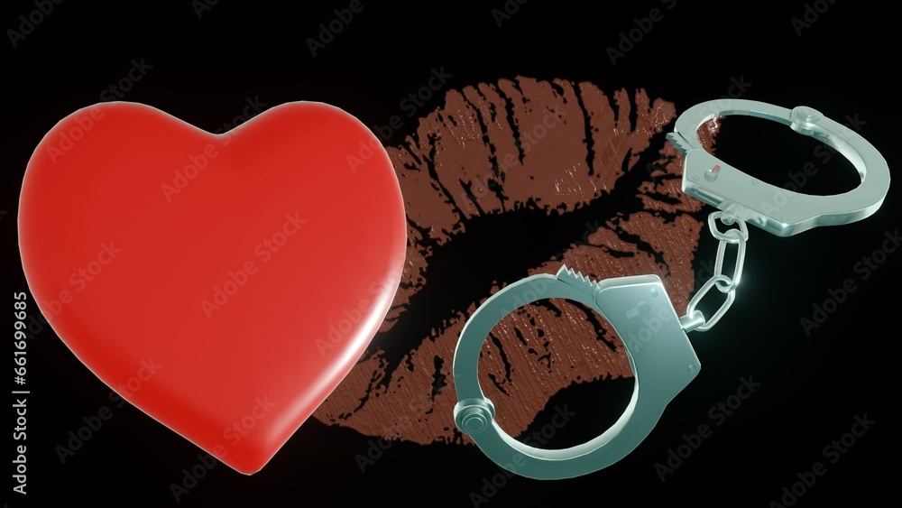 red heart shape with handcuffs on the dark glass floor with red ...