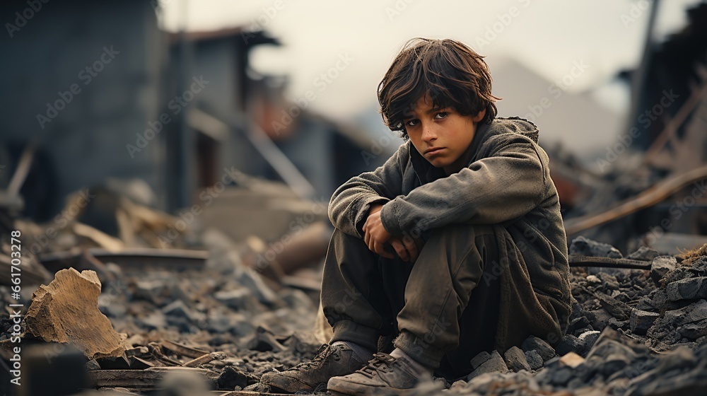 Sad little Arab boy sitting on the ruins of his house. The global ...