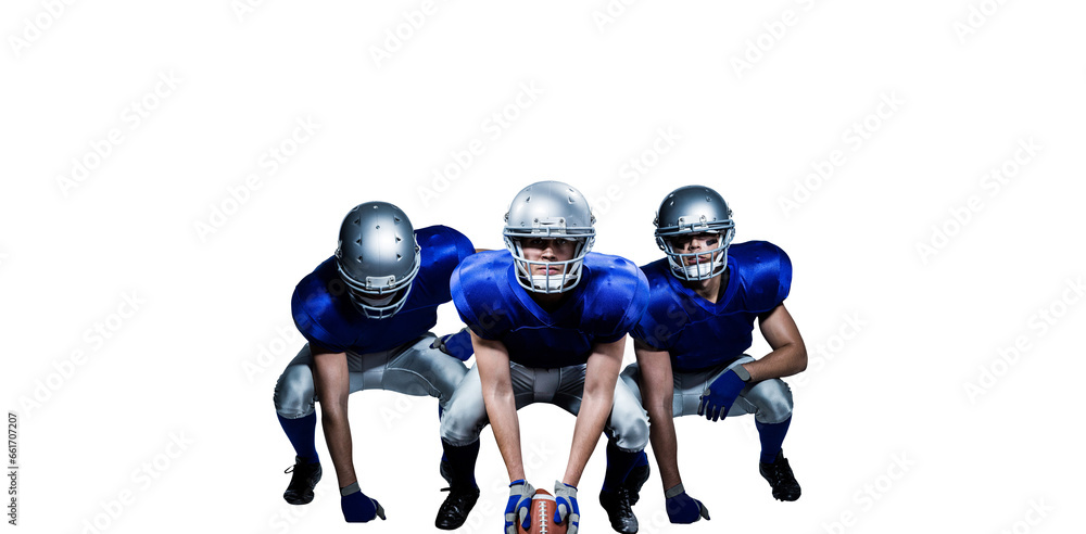 Digital png photo of diverse male american football players with ball ...