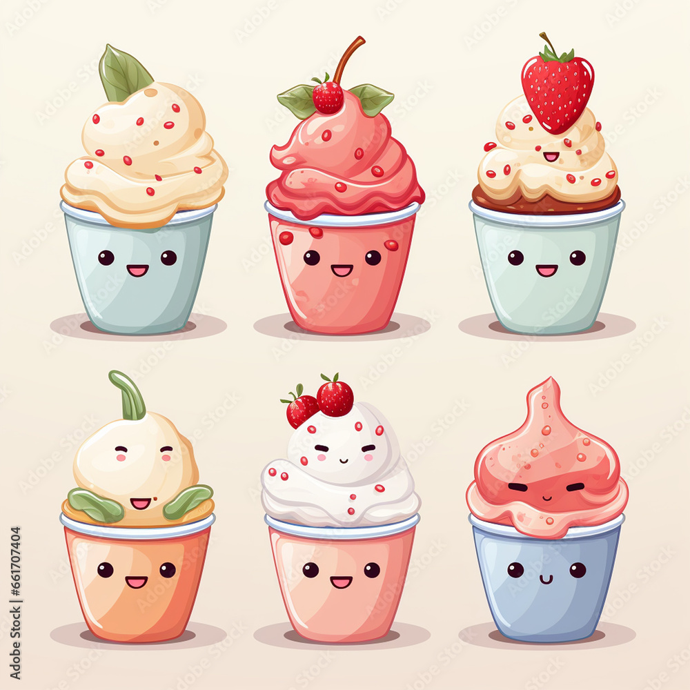 Cute cartoon ice cream character set. Vector illustration of ice cream ...