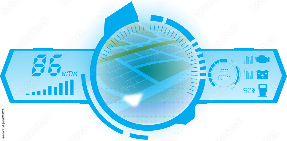 Digital png illustration of blue car panel with data and map on ...