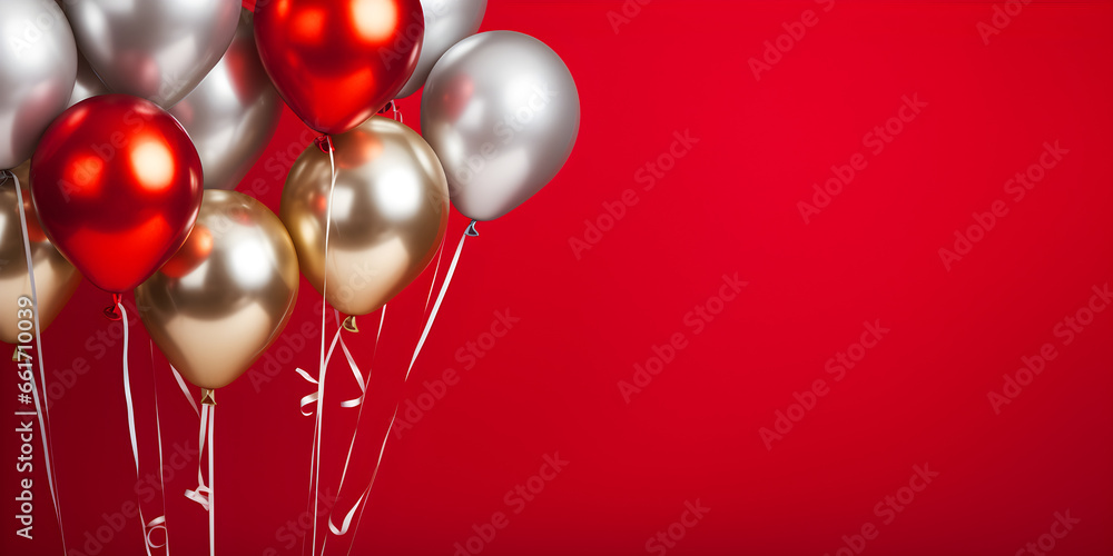 silver and gold balloons isolated on empty red wall background with ...
