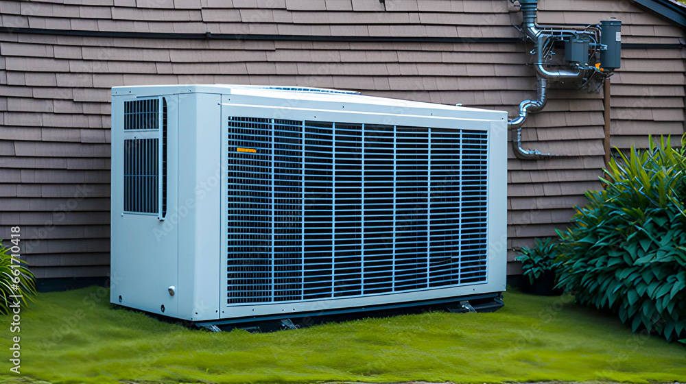 Heat pump or air conditioning outdoor unit in modern house of future ...