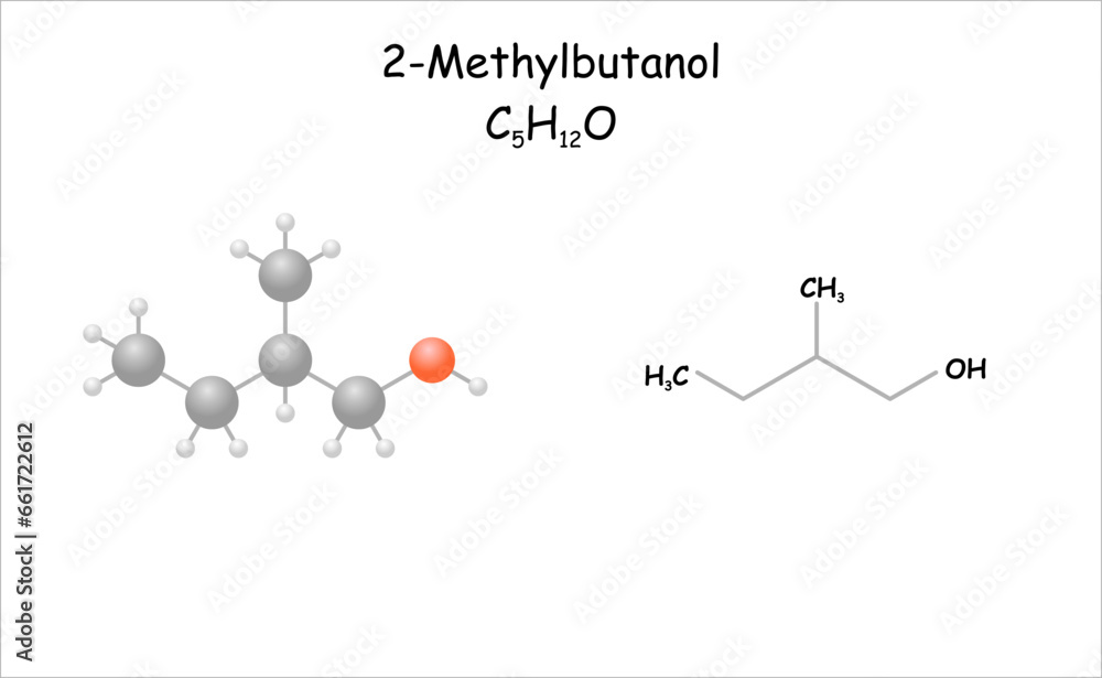 2-Methylbutanol. Stylized molecule model and structural formula. Stock ...