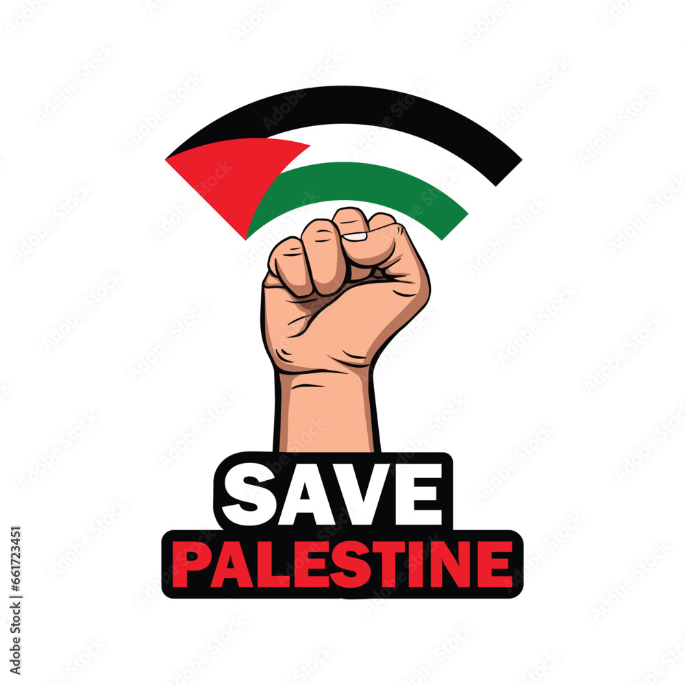 Save Palestine with hand and flag. Israel war poster, template, banner ...