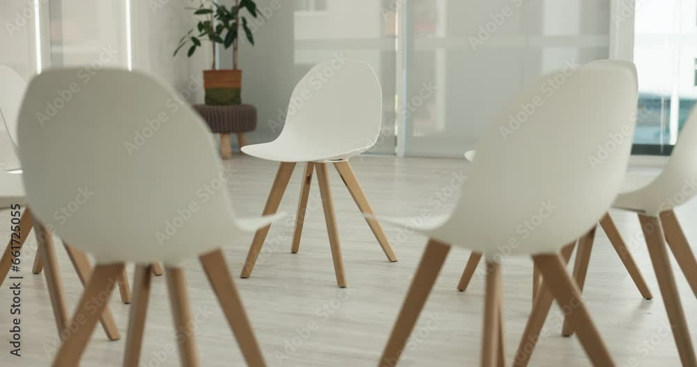 Therapy, group or circle of empty chairs for agency meeting, community ...