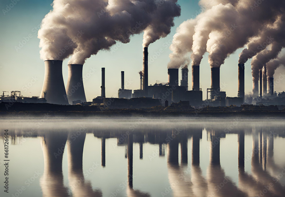 Power Plant with Smoke, Industrial Smokestacks Scene, Pollution from ...