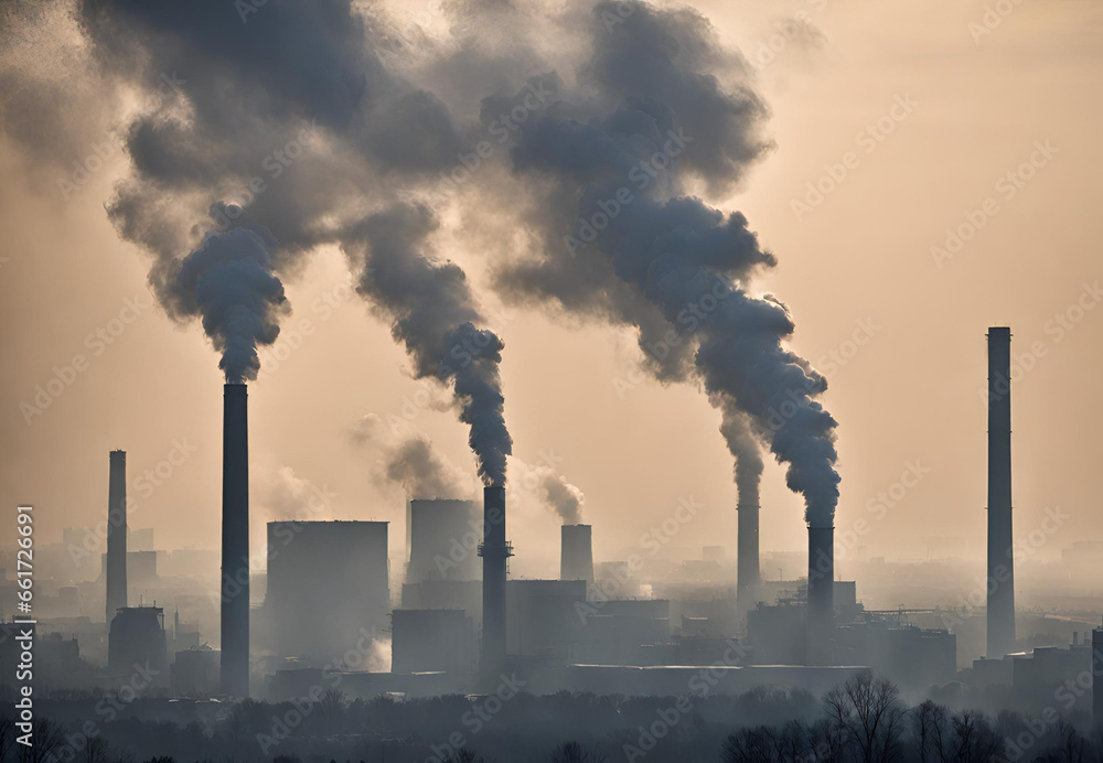 Power Plant with Smoke, Industrial Smokestacks Scene, Pollution from ...