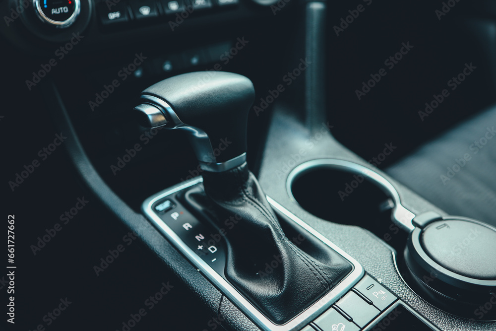 Automatic gear stick of a modern car, multimedia and navigation control ...