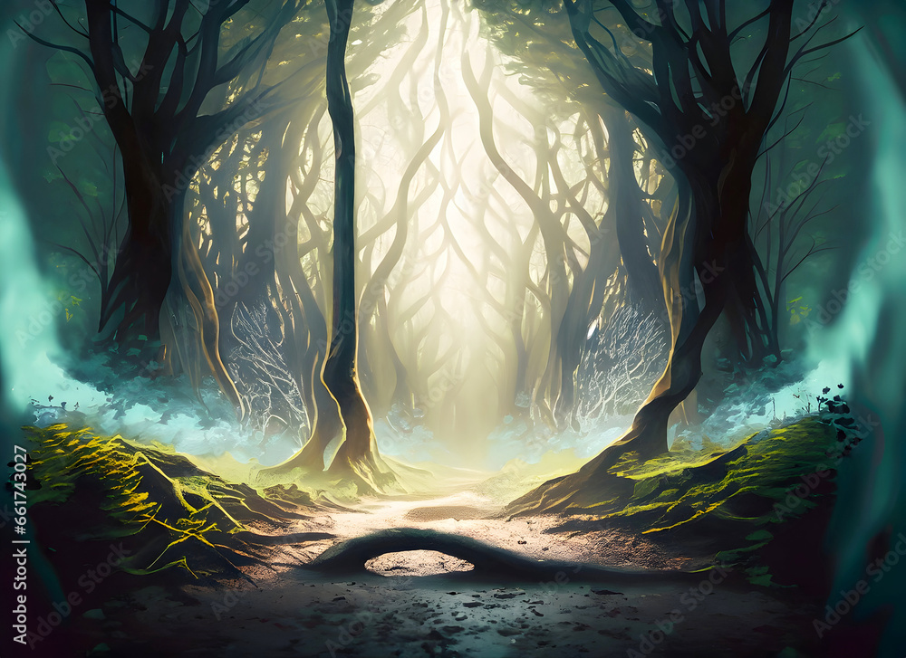 Inside empty forest and light swirling surface for background, Generative AI. Stock Illustration ...