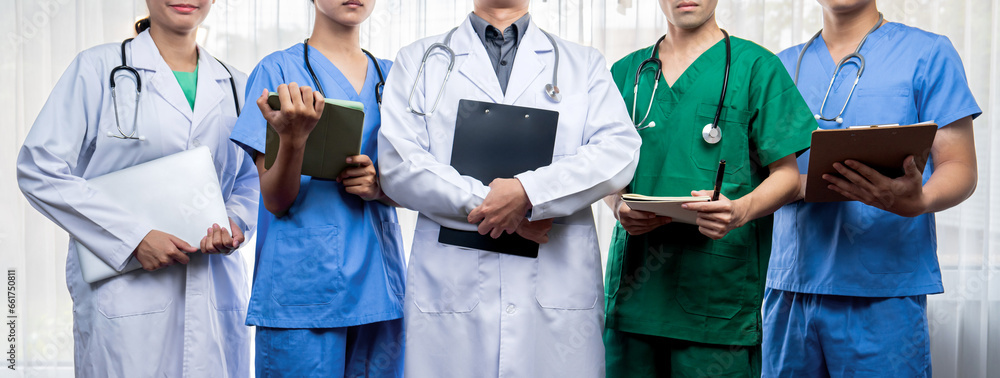 Confident and professional team of medical staff stand in line together ...