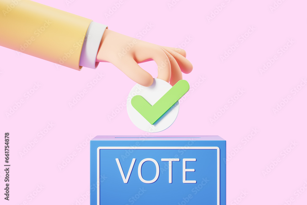 Character man putting green tick into ballot box, election concept ...