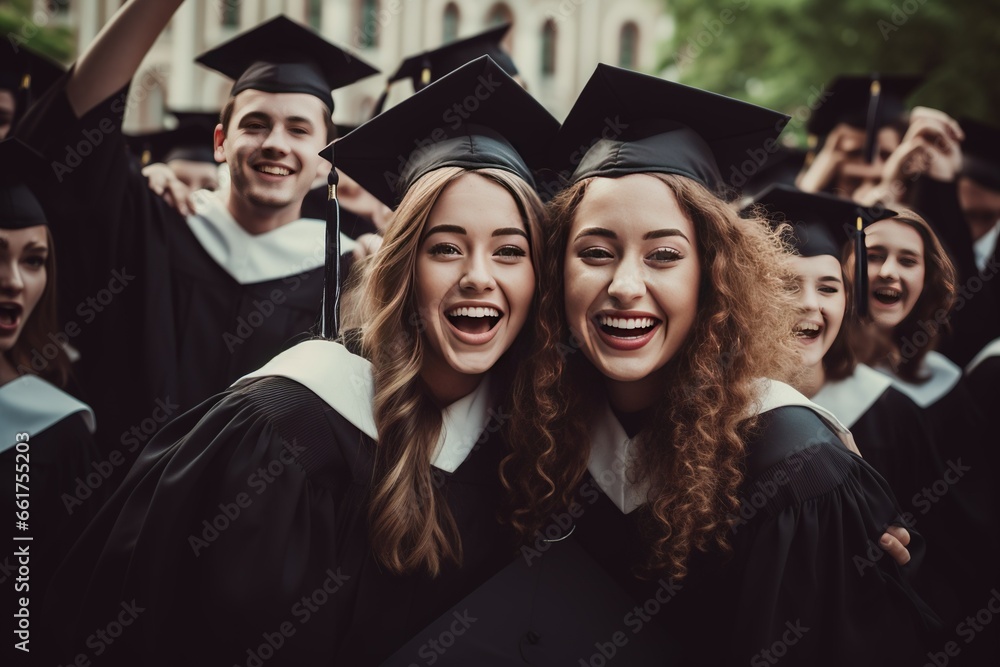 Caucasian Graduates celebrating with their graduation caps and ...