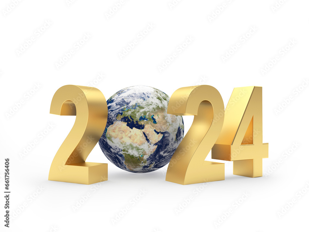 Golden number 2024 with planet Earth. 3d illustration. Elements of this ...