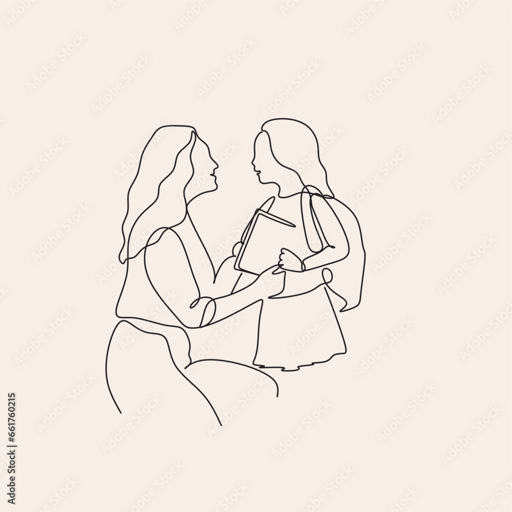 Parents take their children to school line illustration. Line art ...