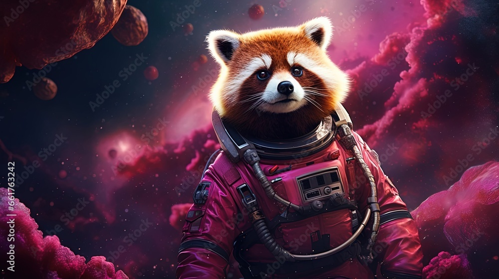 A red panda is floating in space in an astronaut suit, with a planet in ...