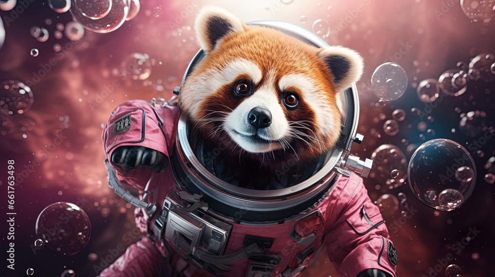 A red panda is floating in space in an astronaut suit, with a planet in ...