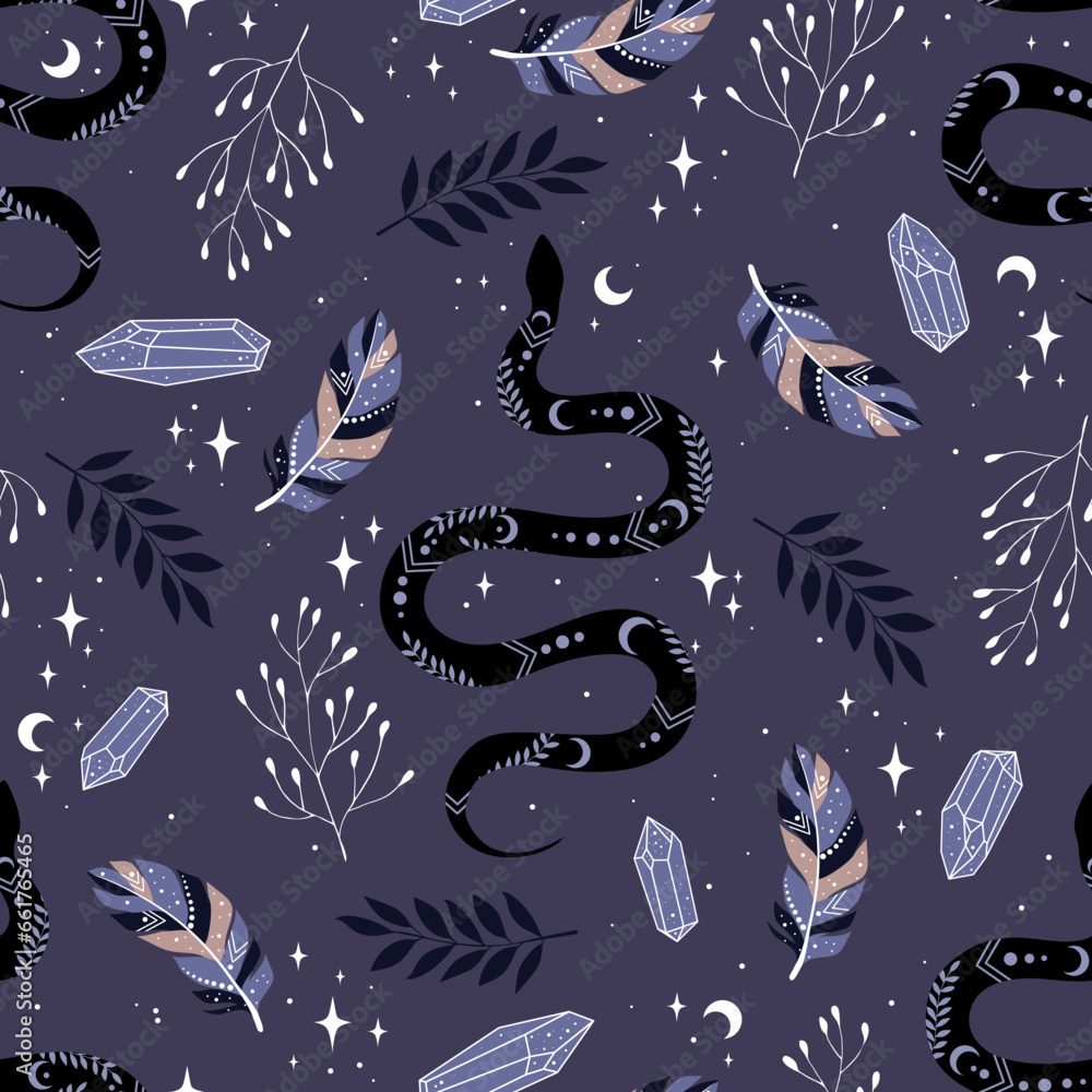 Vector magic seamless pattern with feathers, snakes, crystals, moon and ...