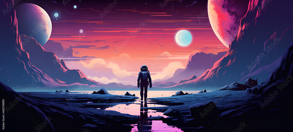 Astronaut futuristic planet illustration space adventure scene ...