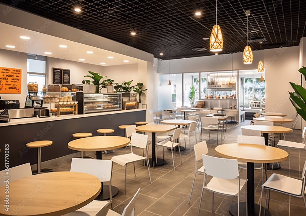 Fast food and snack cafeteria cafe with modern interior style.Empty.AI ...