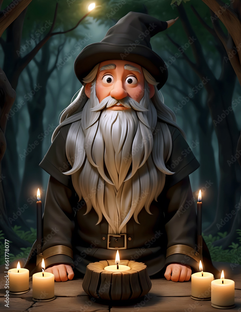 3d animation portrait of a wise old wizard sitting in a dark forest ...