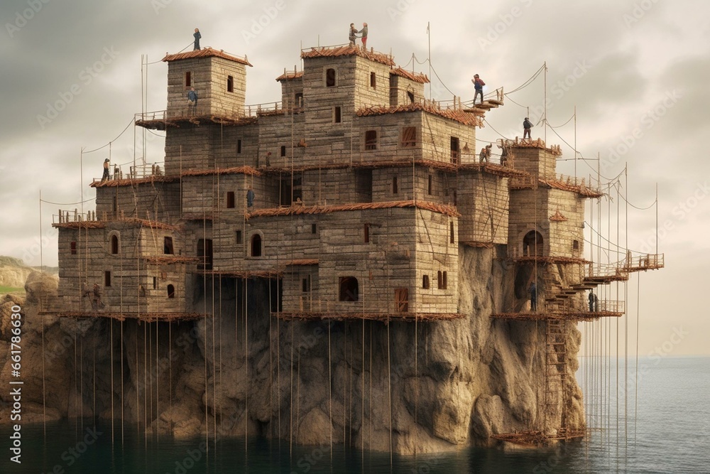 massive fortress in the sky with a suspended ladder crafted from ropes ...
