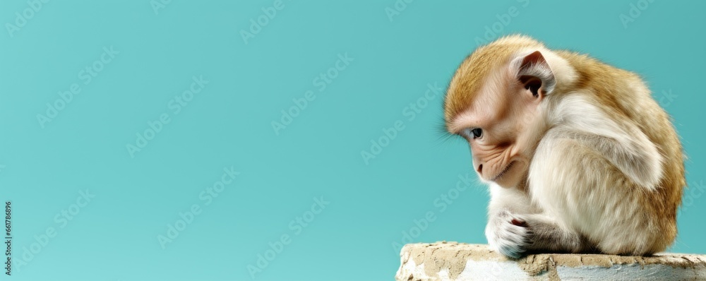 Cute little thoughtful monkey on azure background. Panoramic banner ...