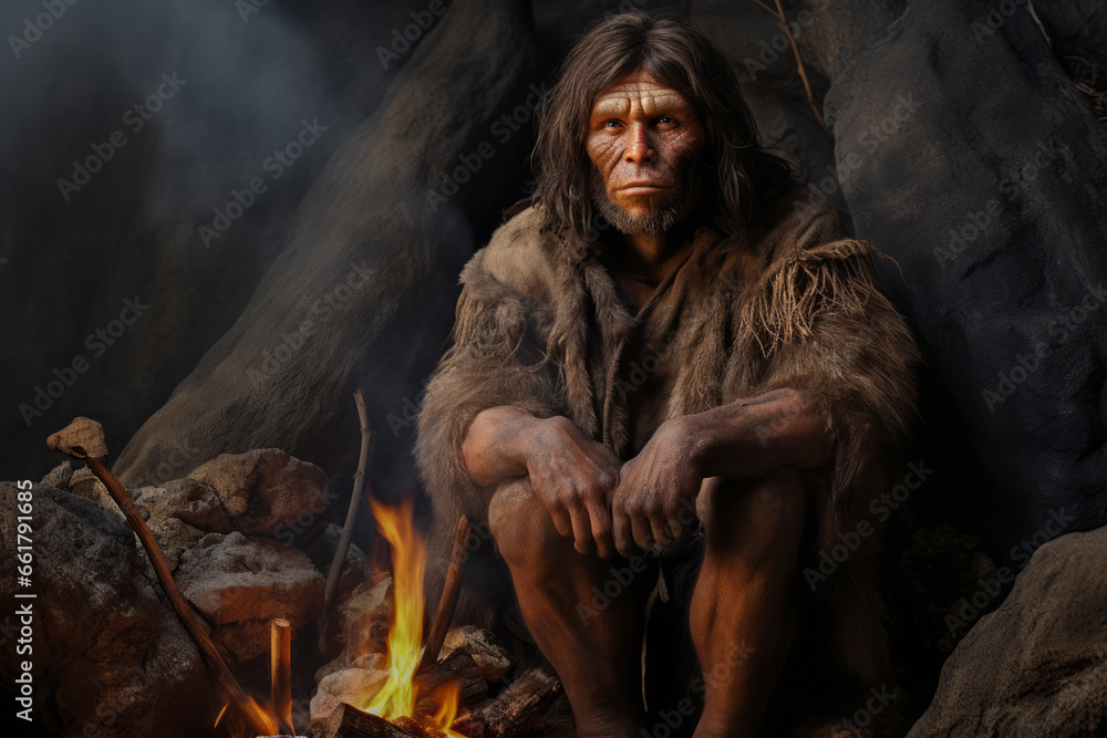 Cro-Magnon man dressed in animal skins sits by a fire in a cave ...