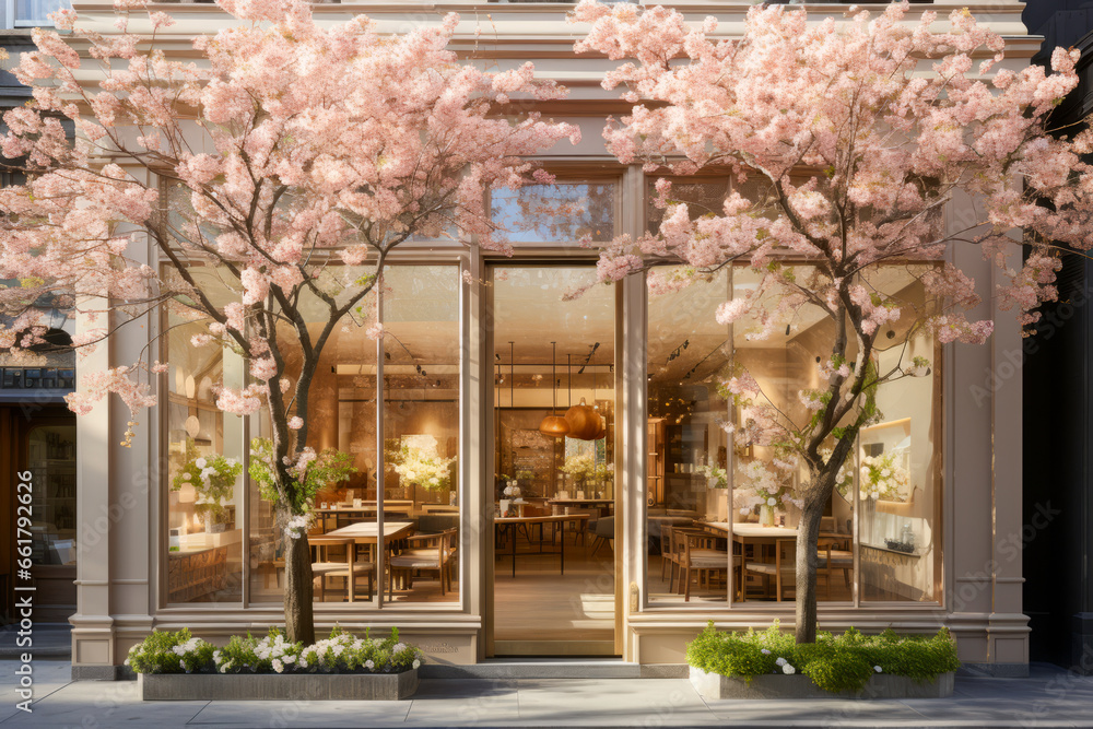 Modern cafe storefront exterior building facade front view with big ...