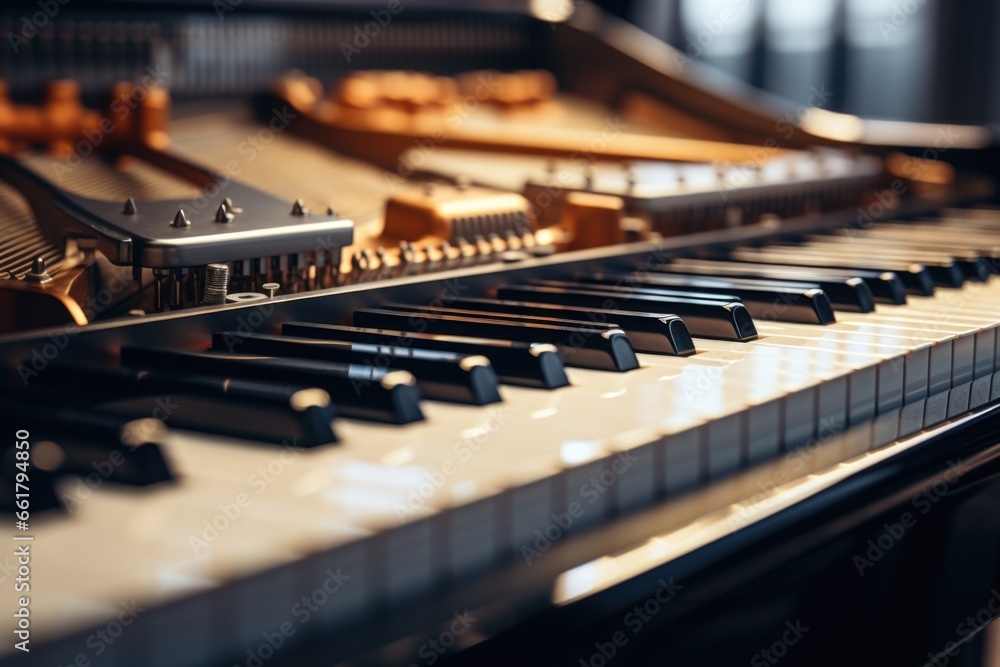 A detailed view of a piano keyboard in a room. This image can be used ...