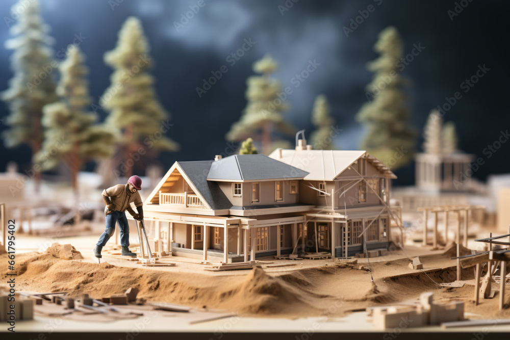 House building model on blueprints with engineer and worker ...