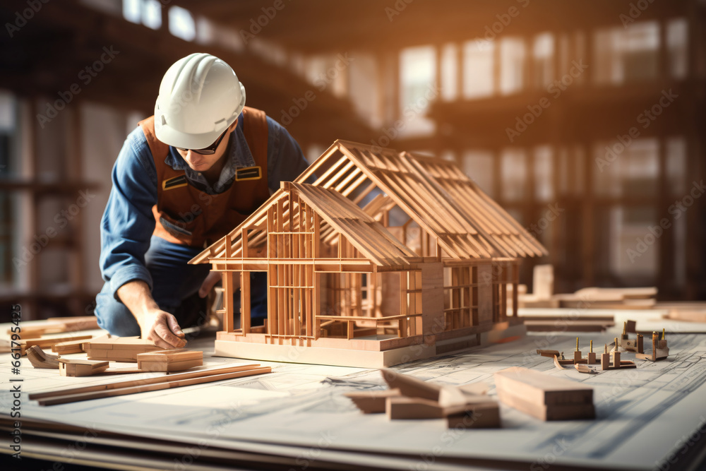 House building model on blueprints with engineer and worker ...