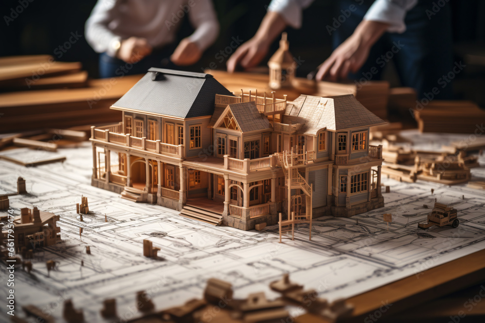 House building model on blueprints with engineer and worker ...