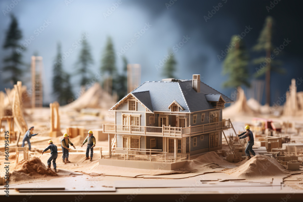 House building model on blueprints with engineer and worker ...