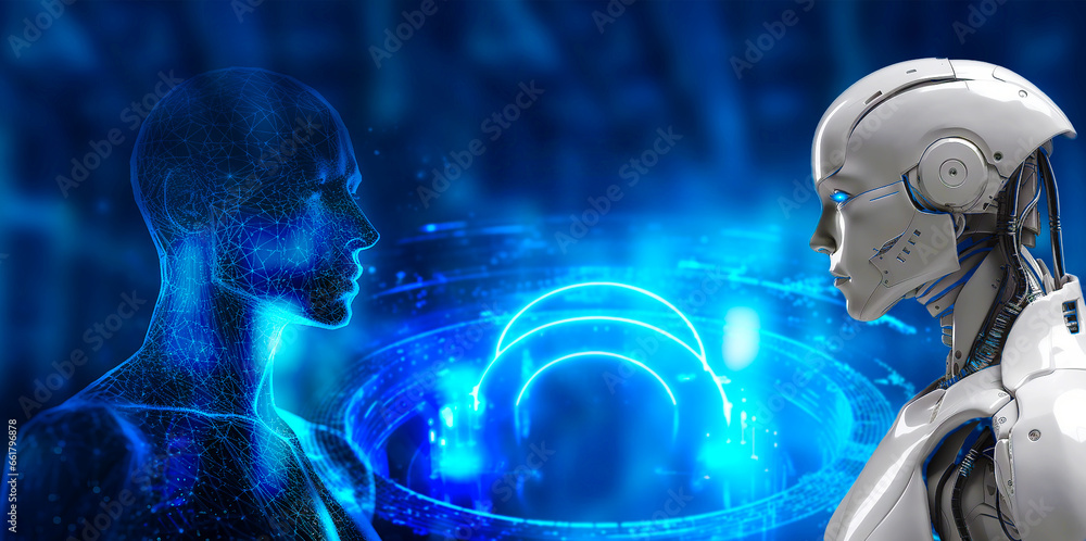 White Humanoid robot and blur wireframe hologram man interface with ...