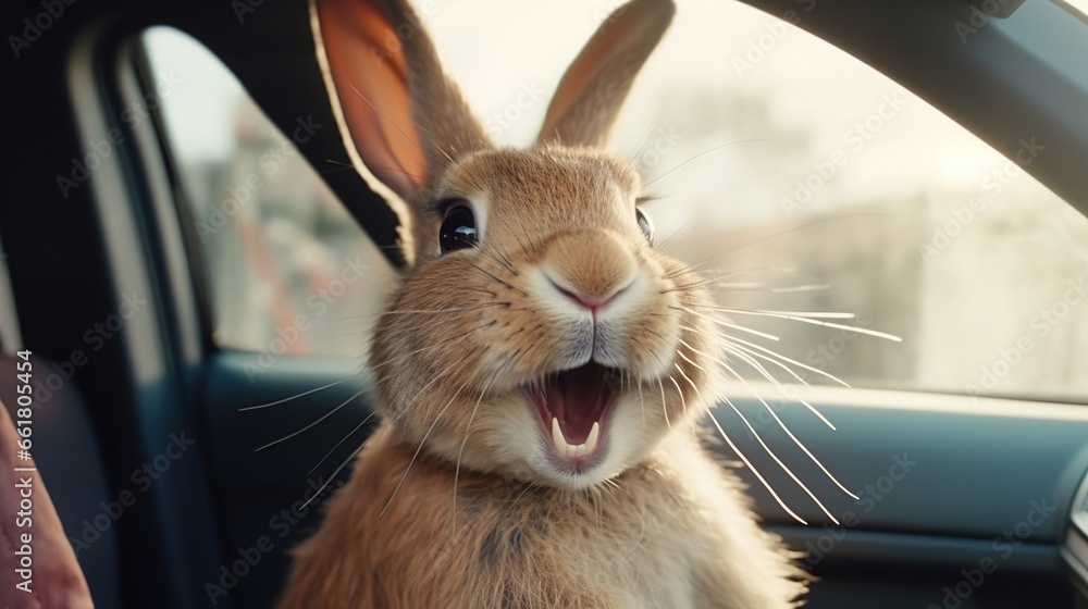 A rabbit with the emotion of fear look from the window of the car ...