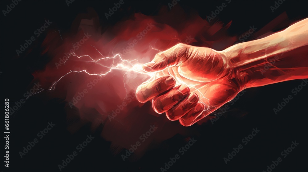 Power and might concept illustrated by a human holding a scarlet bolt ...