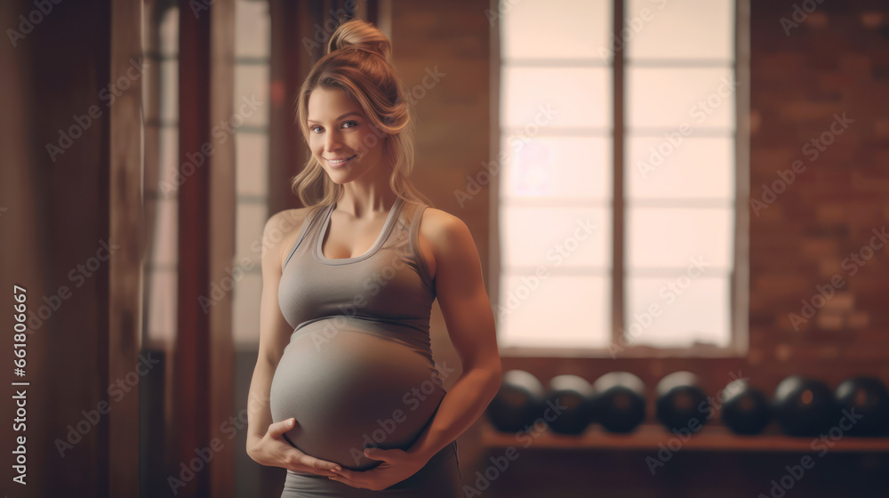 In her third trimester, a pregnant woman standing with her hands ...
