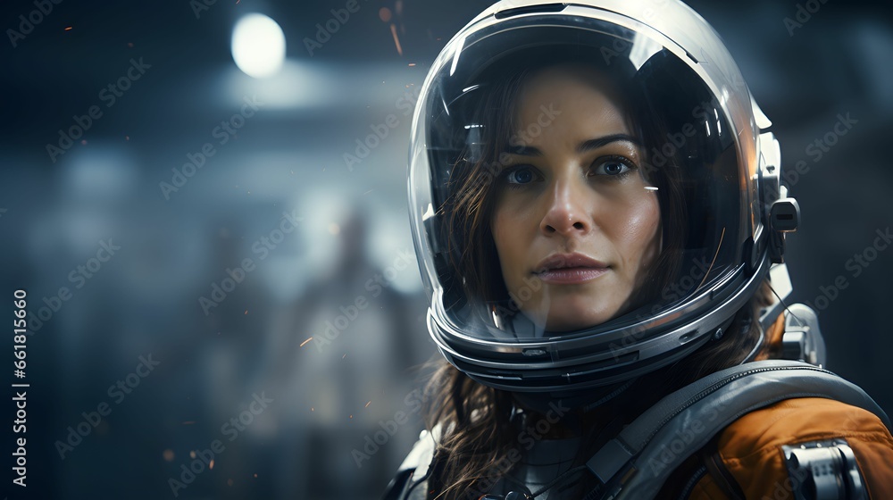 Astronaut woman inside her Spaceship looking at the stars and space ...