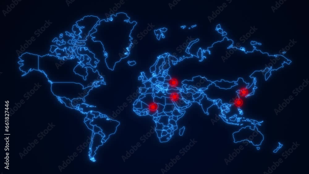 Digital Technology World Map Animation. Glowing hot points in Global ...