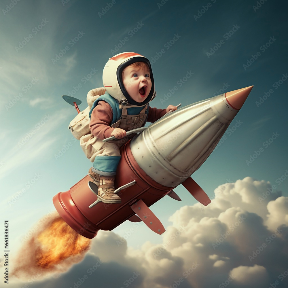 Adventurous & Courageous Little Boy Riding Through Clouds on a Rocket ...