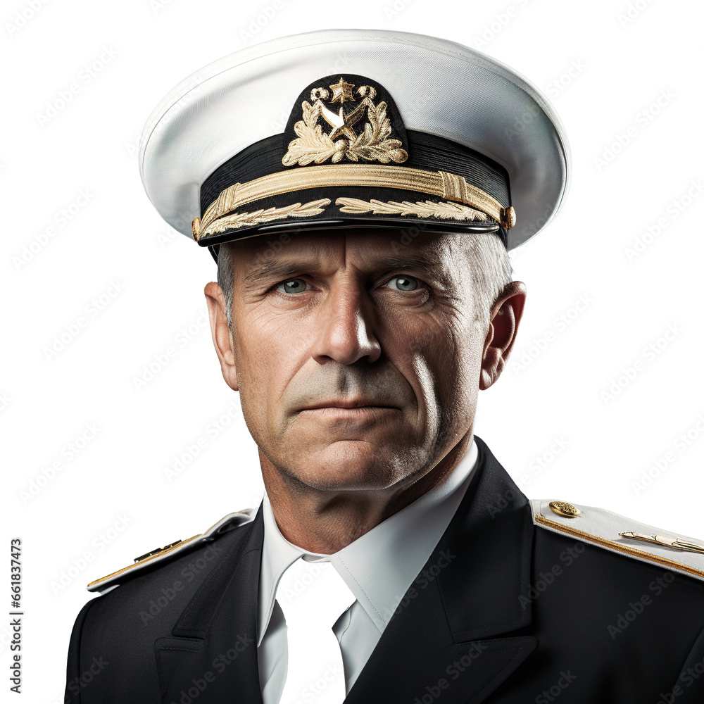 Portrait of a seasoned ship captain, donning a white uniform with gold ...