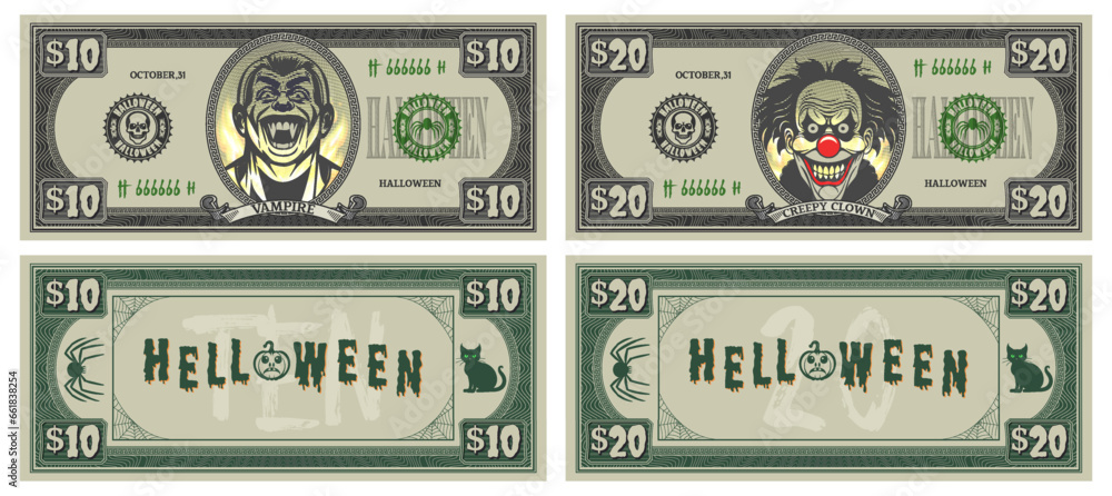 Vector set of Halloween game money. Banknotes in denominations of 10 ...