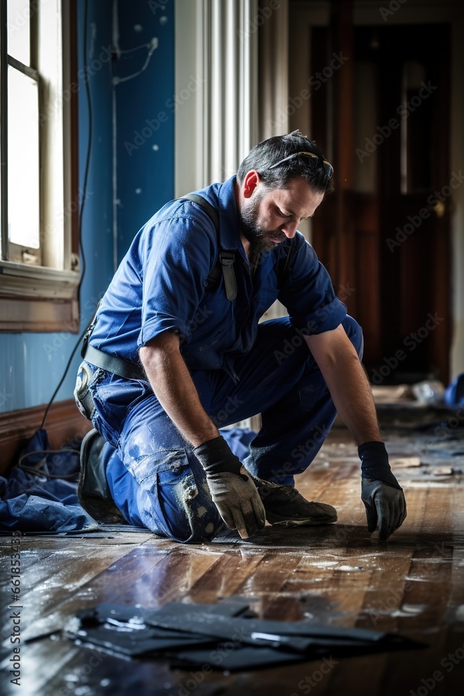 In the aftermath of a flood, a professional restoration expert, wearing ...
