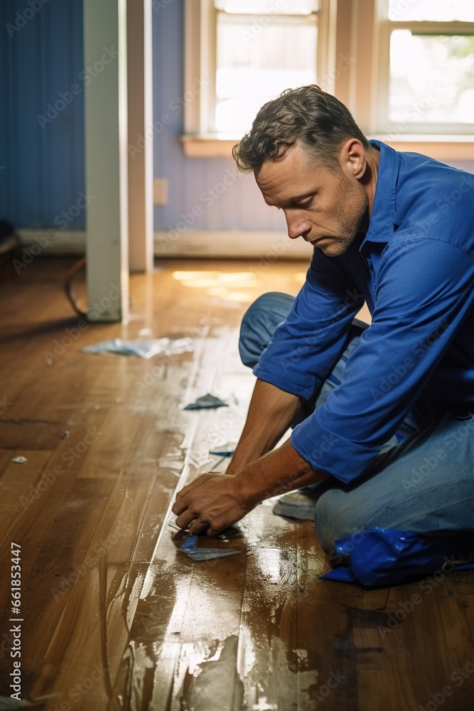 In the aftermath of a flood, a professional restoration expert, wearing ...