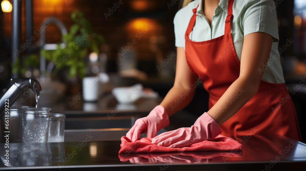 Woman cleaning the kitchen of her house. Young woman wearing kitchen ...