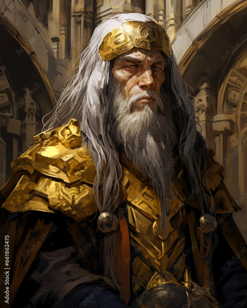 High Fantasy Wizard portrait in a golden temple, game art, hand-painted ...