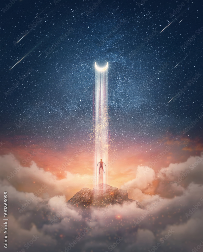 Surreal and mysterious scene with a person kidnapped by the moon. Alien ...