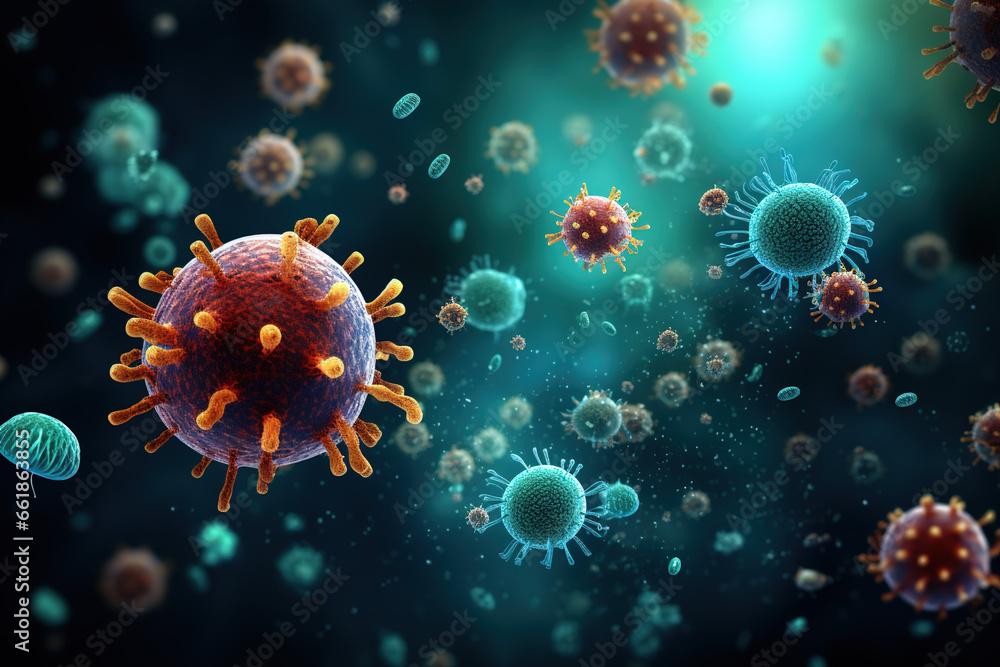 Illustration of virus, microscopic, many, disease. Generative AI Stock ...